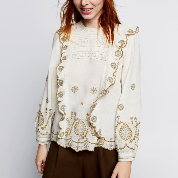 Zara | Tops | Zara Embroidered Blouse With Ruffles | Poshmark